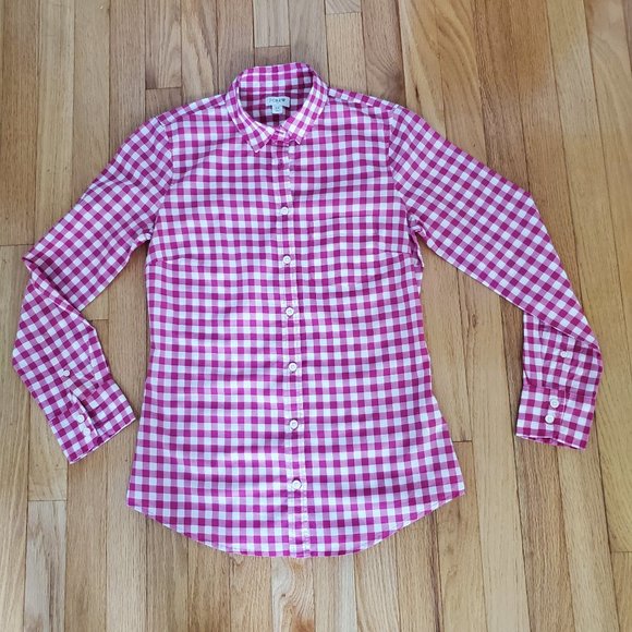 J. Crew | Tops | J Crew Gingham Bright Pink And White Check Fitted ...